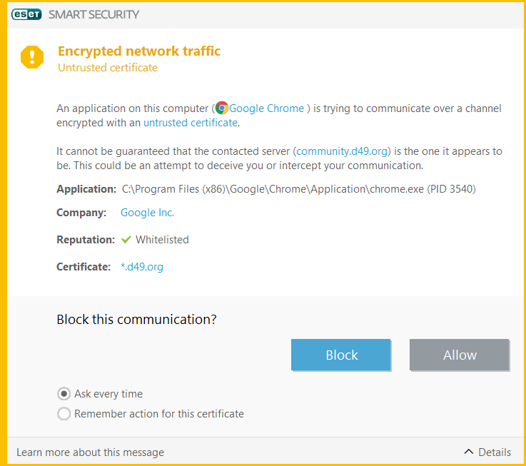 Untrusted Network Traffic popup stuck - ESET Internet Security & ESET ...