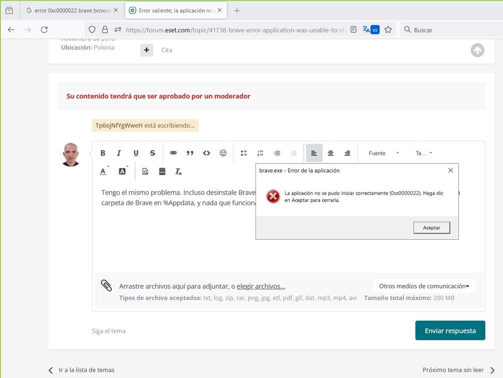 Brave error; application was unable to start correctly. - ESET Internet ...