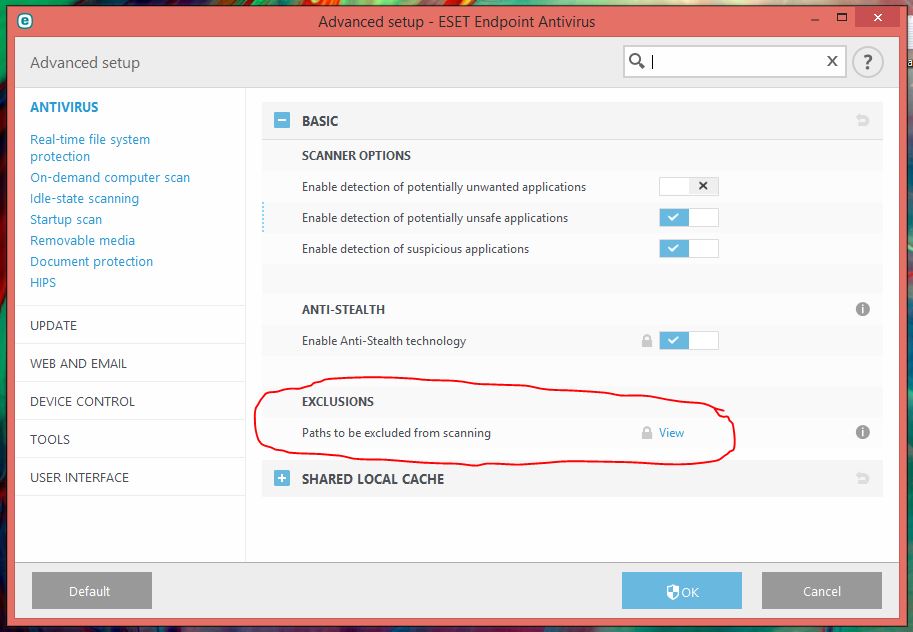 edit exclusions from anti virus scanning - it's locked, i can't change ...