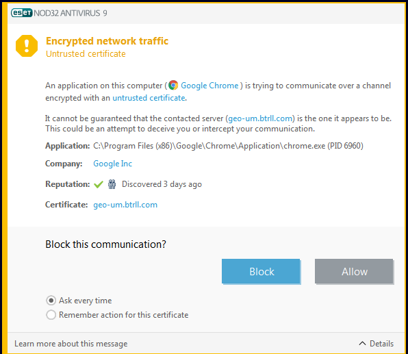 Untrusted Certificate Warning on (mostly likely) Safe Sites - ESET ...