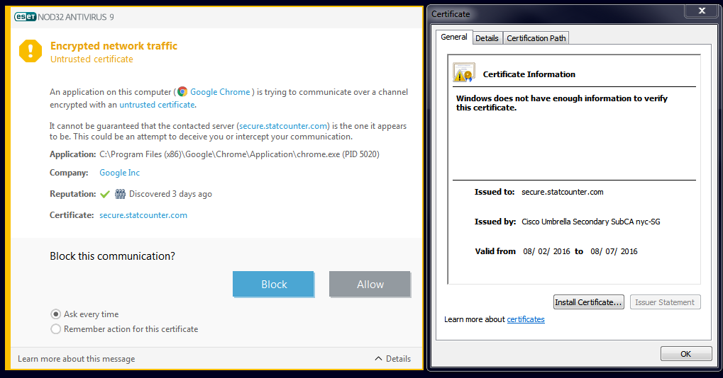 Untrusted Certificate Warning on (mostly likely) Safe Sites - ESET ...