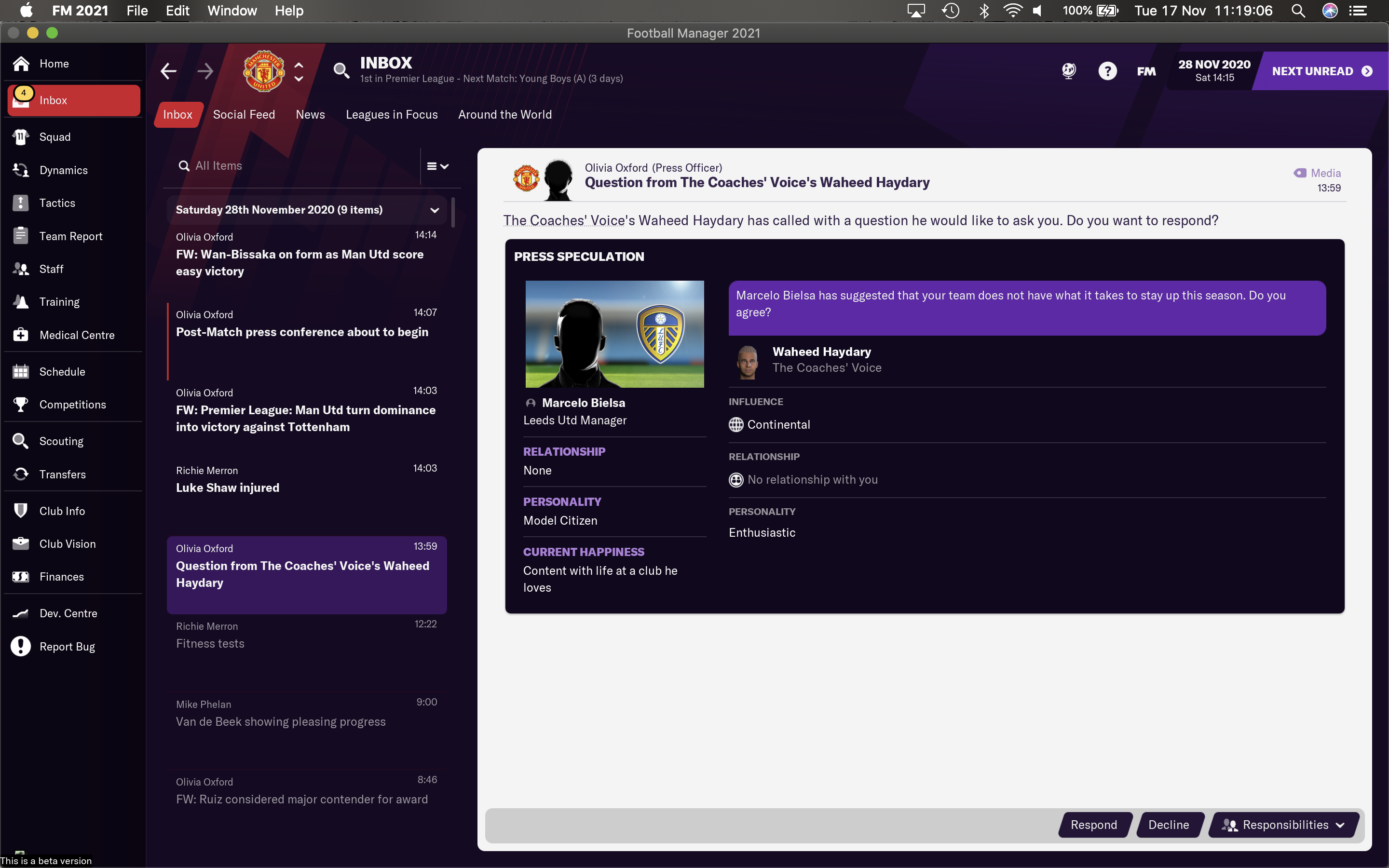 Media question. Rival manager says my team (1st in EPL) don't have what ...
