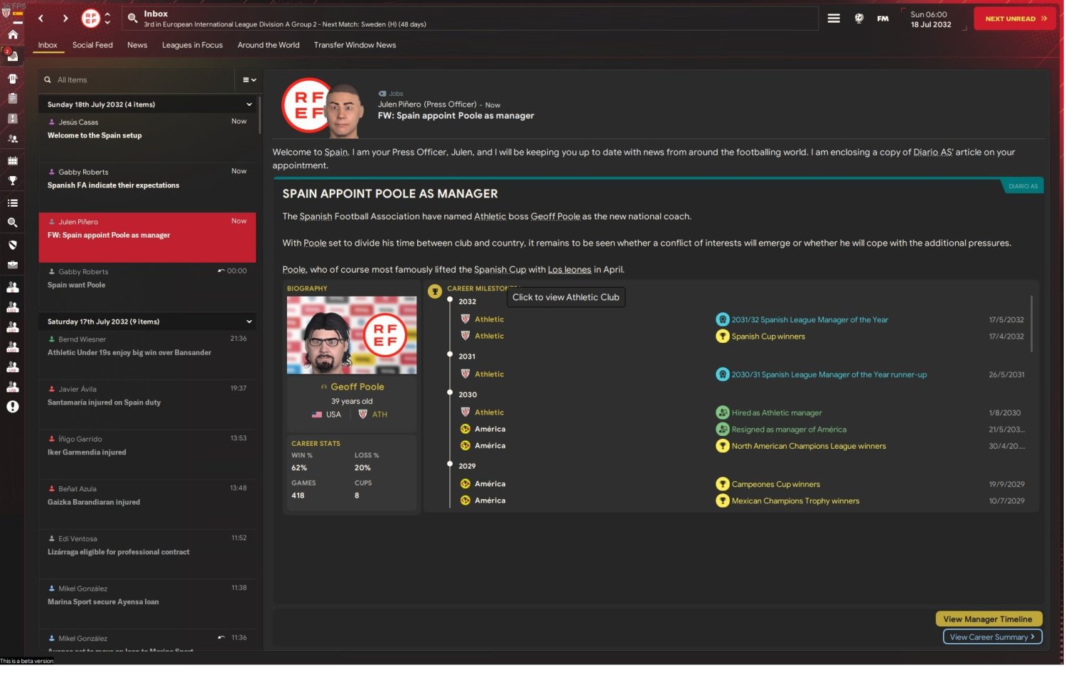 Only beginning of bio on welcome screen when appointed national manager ...