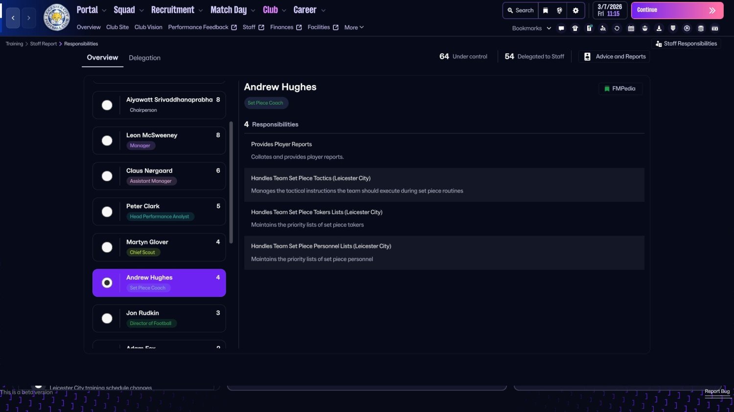 No way to change which staff member provides coach reports - Club UI Issues