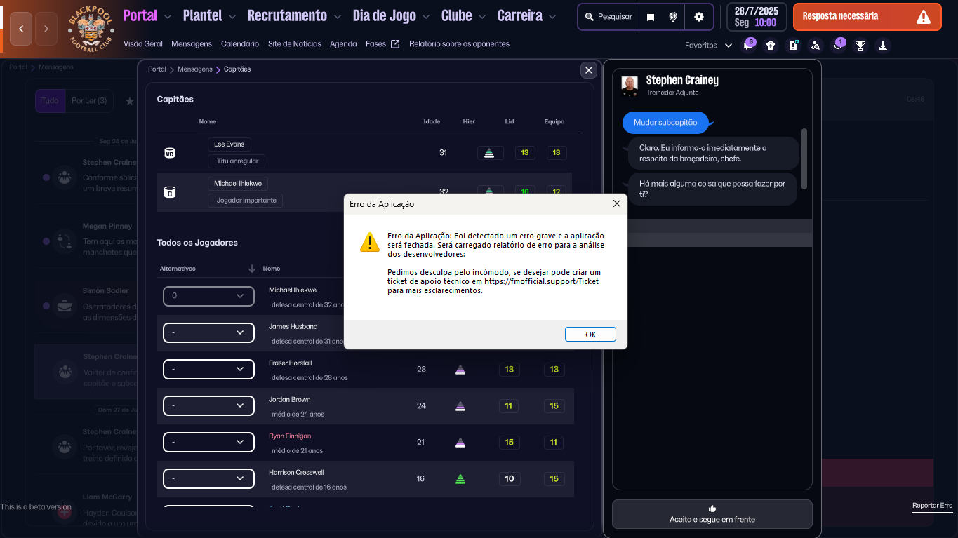 Game Crashes When Changing Captain / Vice-Captain (FM26 Beta ...