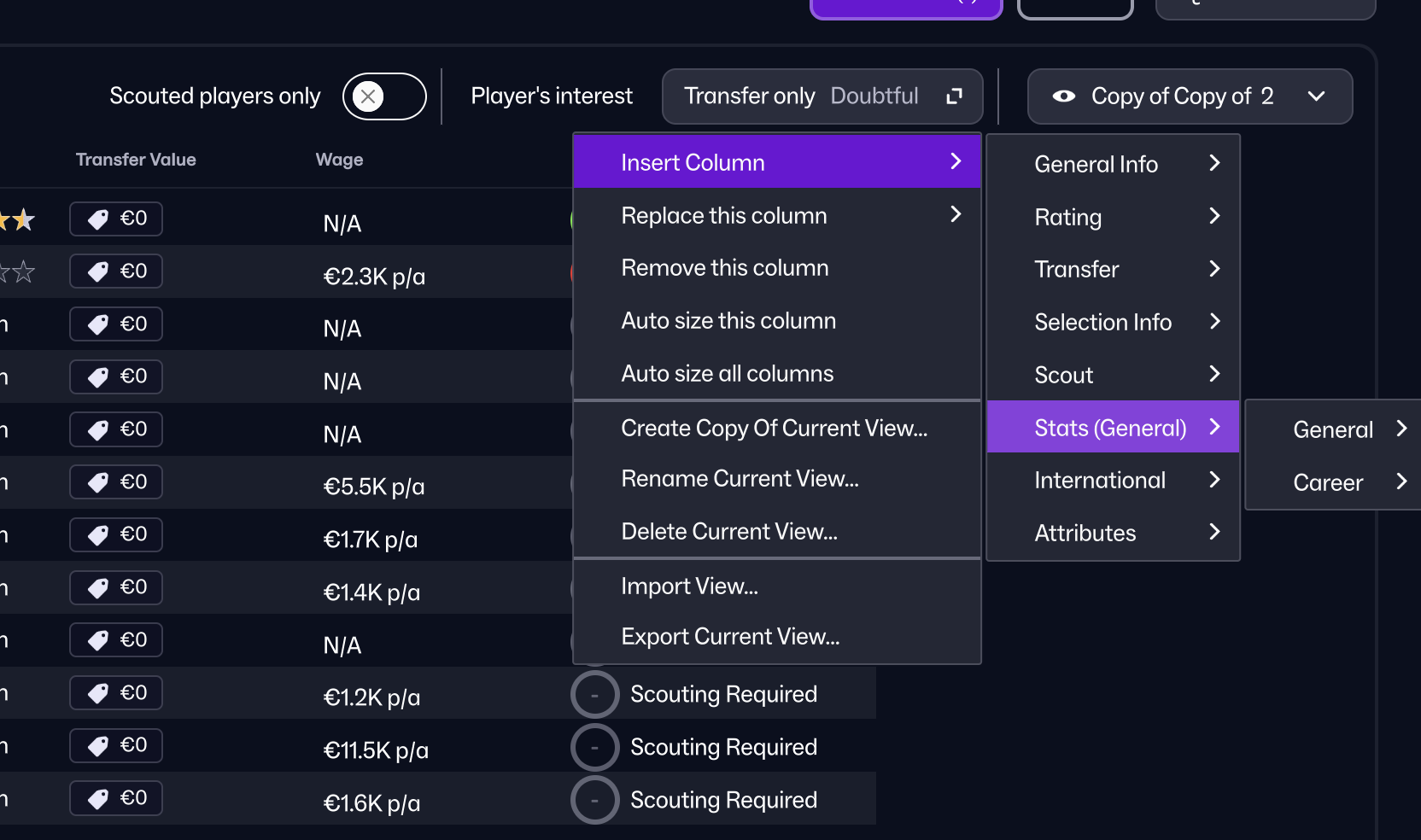 Recruitment - player database view columns - Transfer, Scouting ...