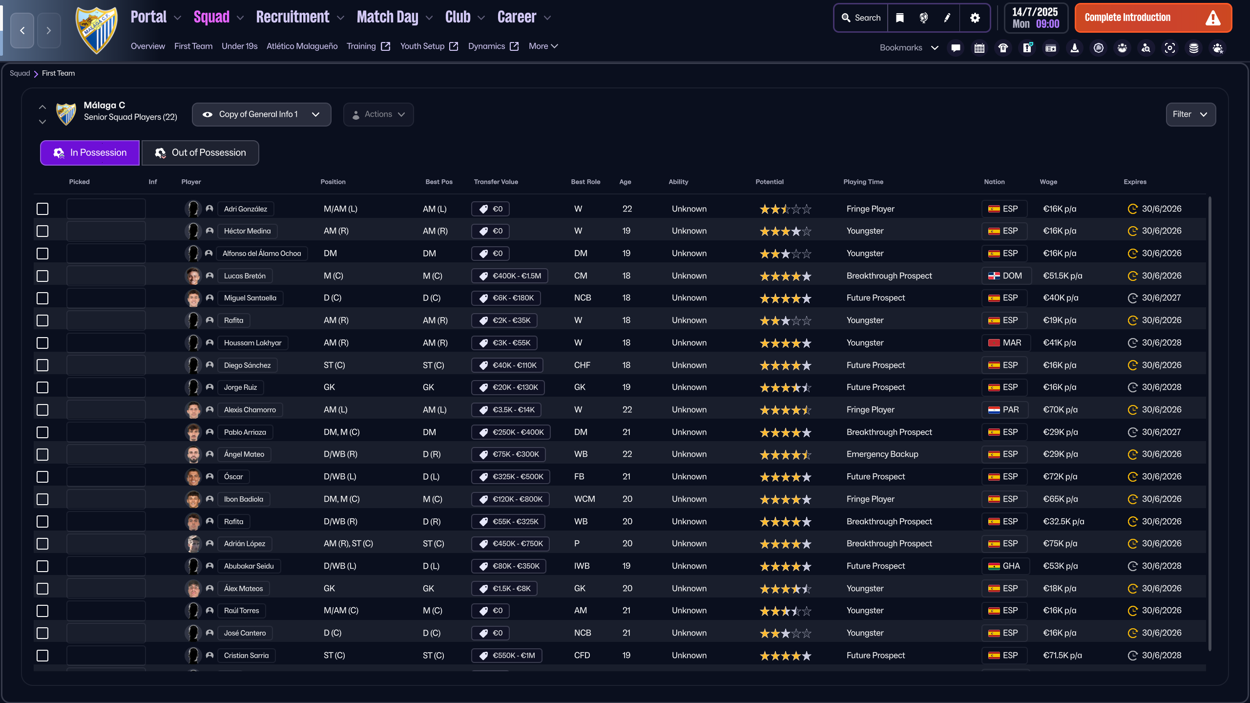 Ability/Potential unknown for my own B- and C-Teams in squad view ...