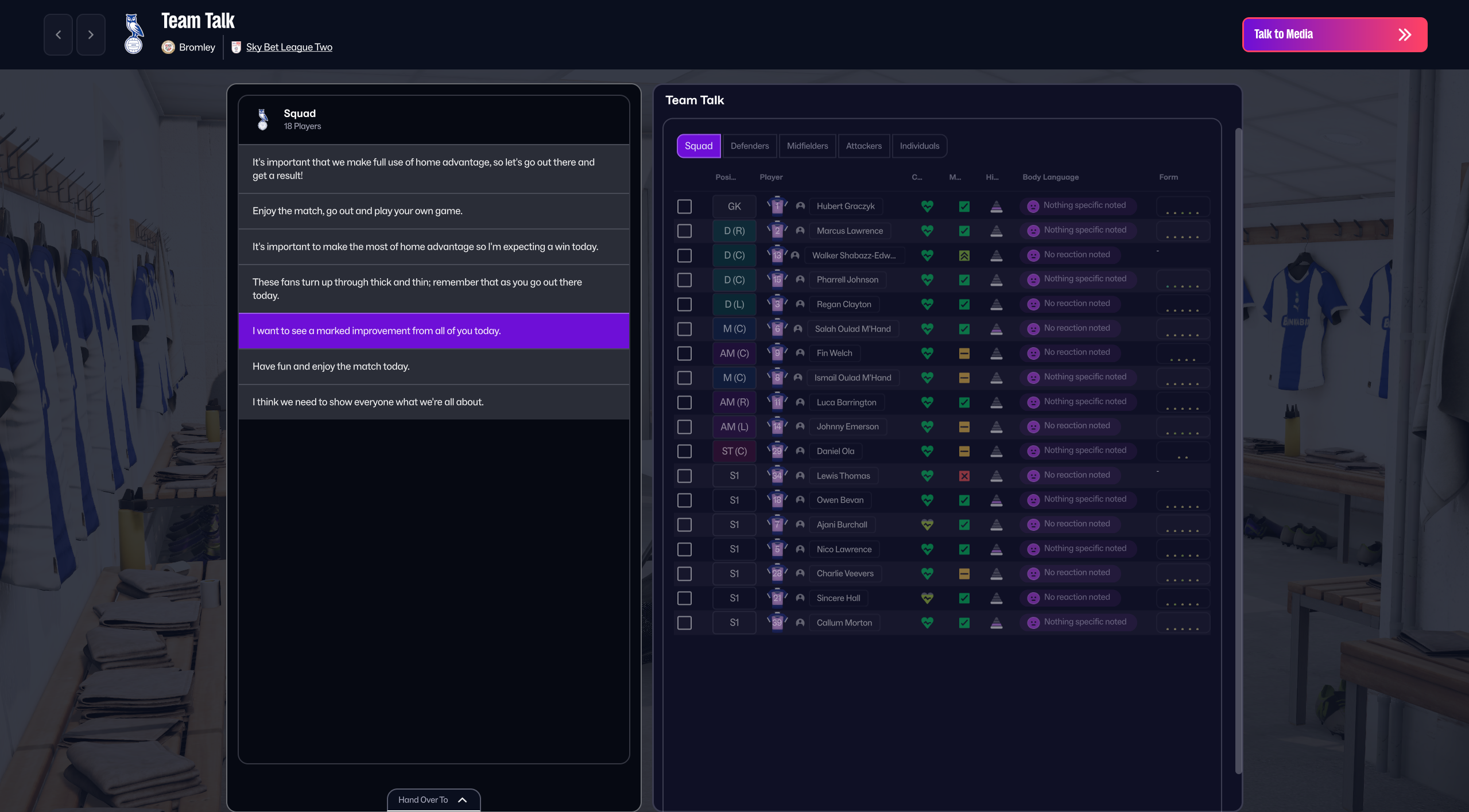 Match UI - Prior to kick off no options to update Tactics or Opposition ...