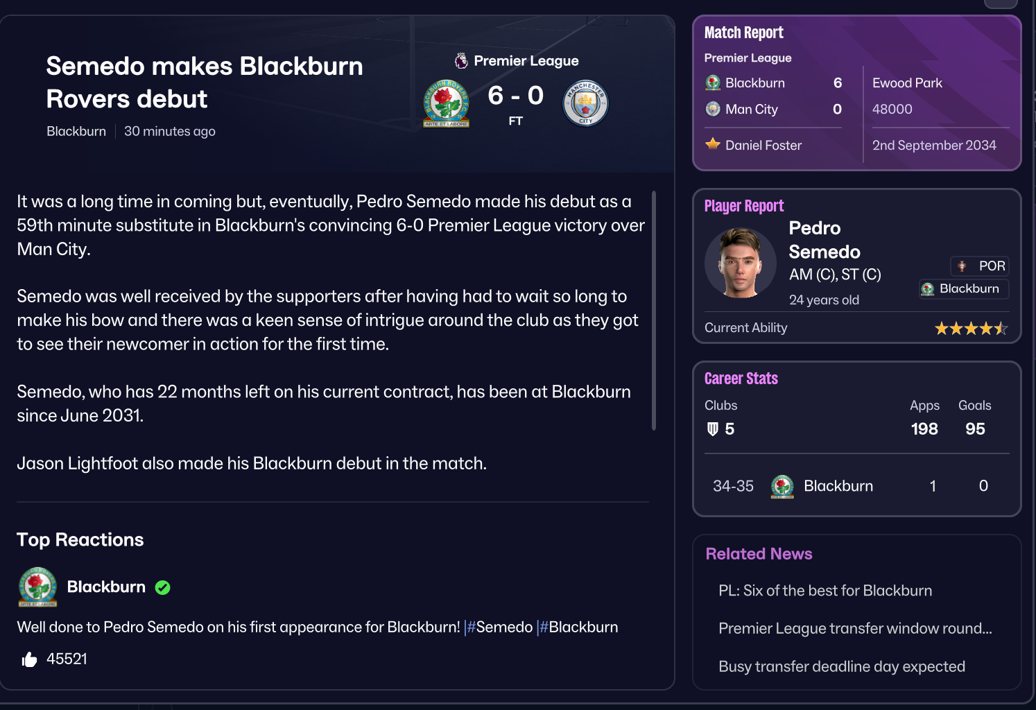 Message says player made debut after coming back from loan having made ...
