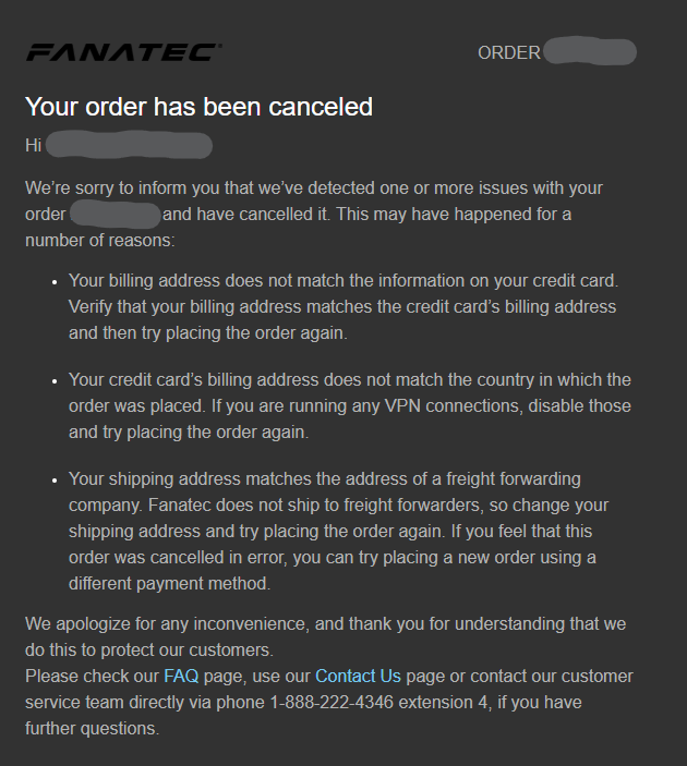 Cancelled Order - Order and RMA Inquiries - Fanatec Community
