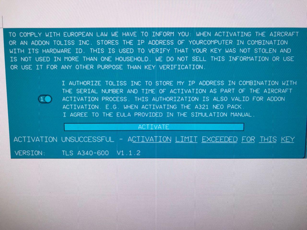 my toliss activation says activation limt exceeded for this key after ...