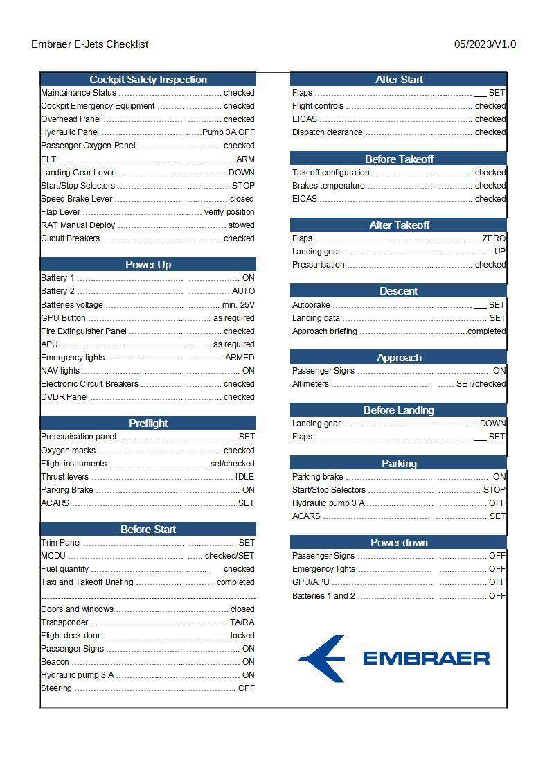 Embraer E-Jets Checklist V1.0 - Checklist - X-Plane.Org Forum