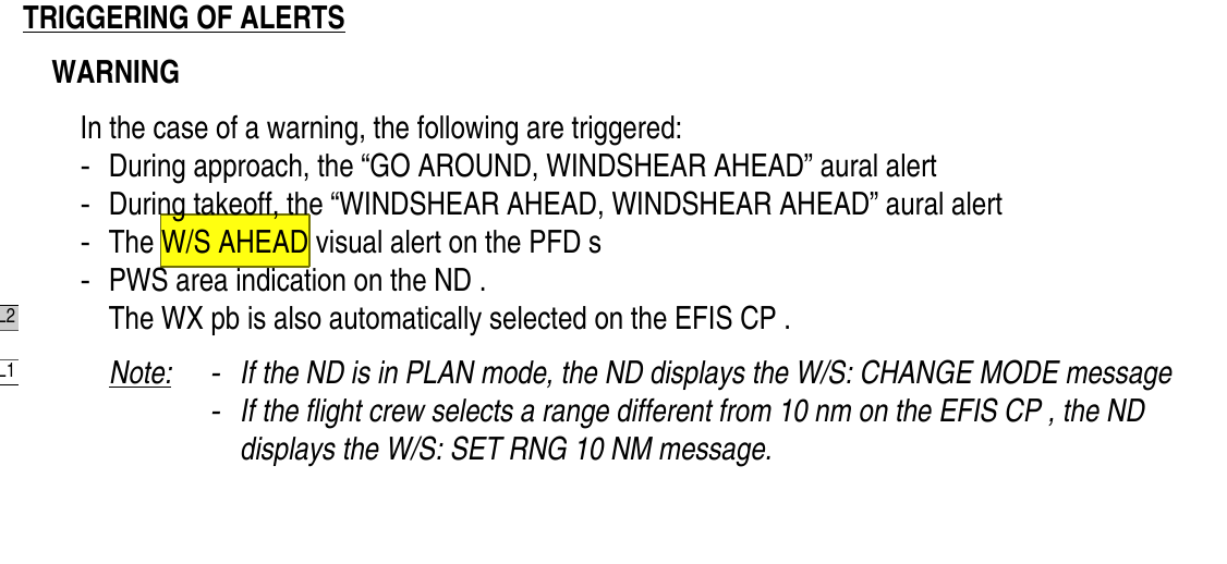 "Go Around, W/S ahead" aural warning when W/S scenario triggered at ...