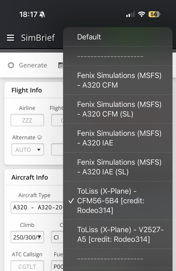 SimBrief: Saved Airframes - ToLiss - X-Plane.Org Forum