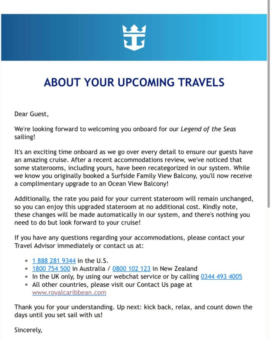 Legend of the Seas Cabin Reassignment Letters - Royal Caribbean ...