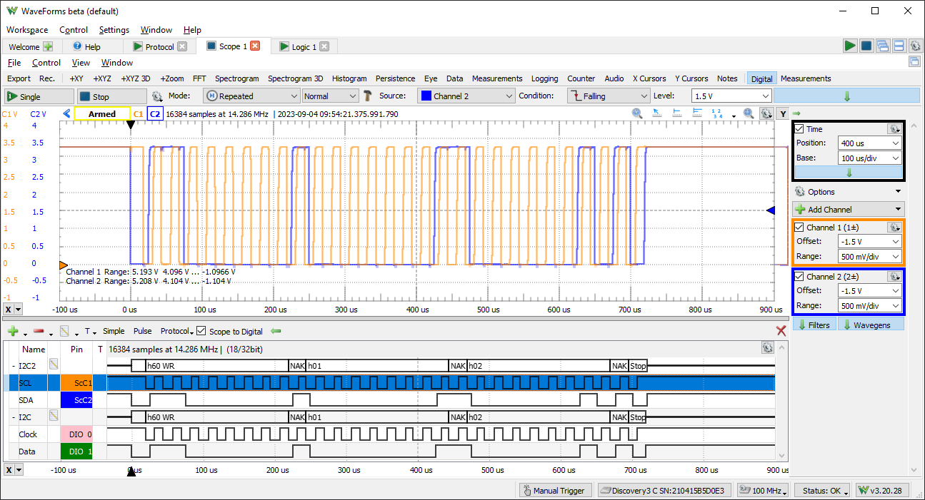 Analog Discovery 3 (WaveForms app): Analog and Digital signal timing ...