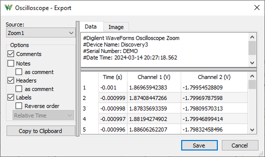Export the needed data from the scope - Test and Measurement - Digilent ...