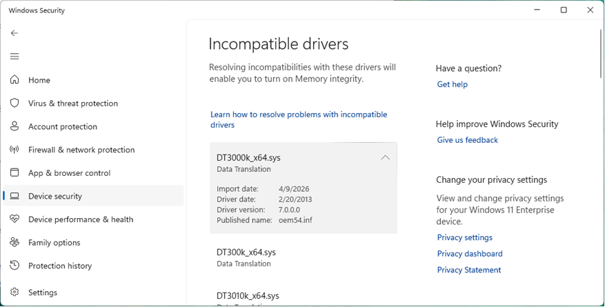 DT9837 / DT9837-A drivers on Windows 11, v7.8.9 HVCI compatible whereas ...