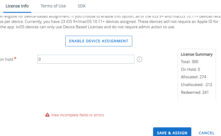 When trying to allocate apps i get a error message on certain ones ...