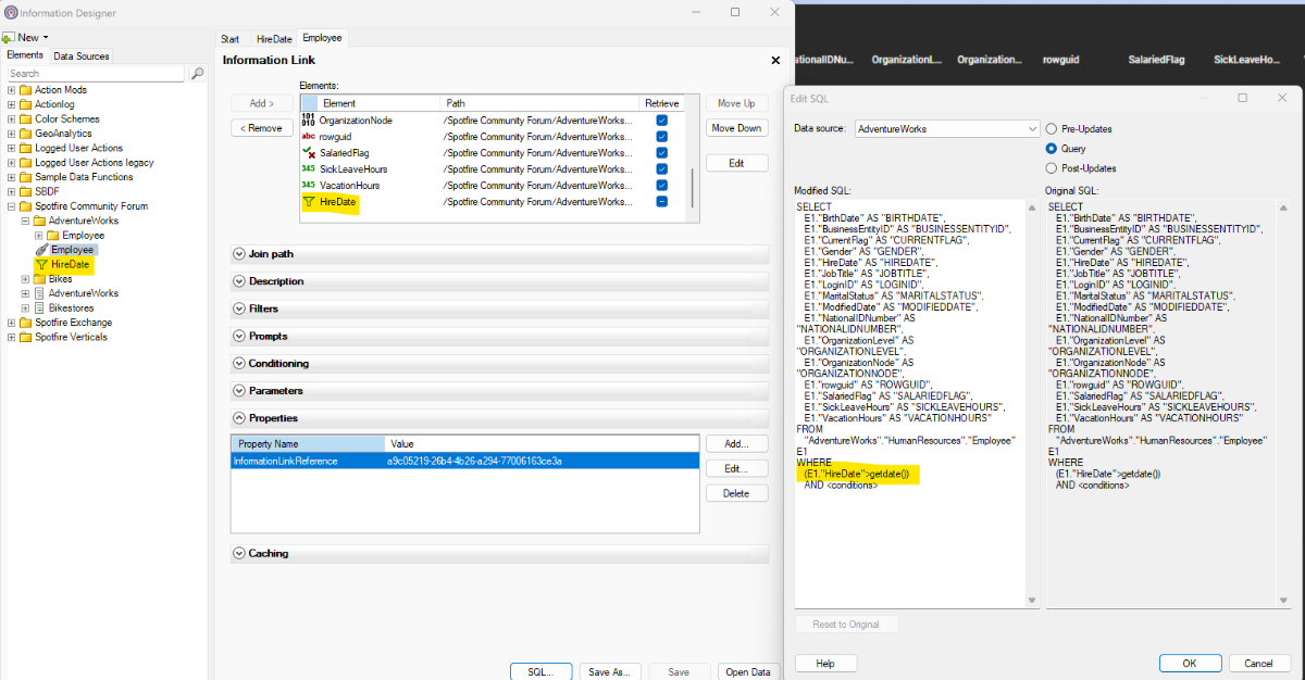 How to make an information link with a datetime column filtered like ...