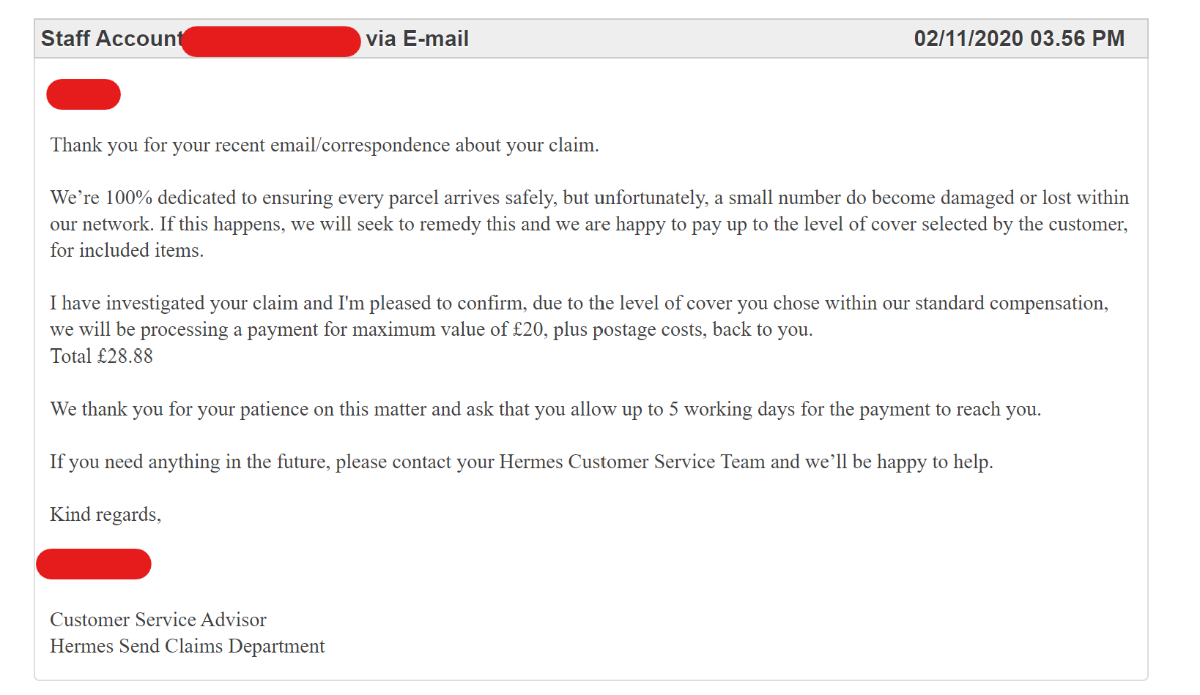 Hermes lost parcel with £230 declared value, accepted fault, but have ...