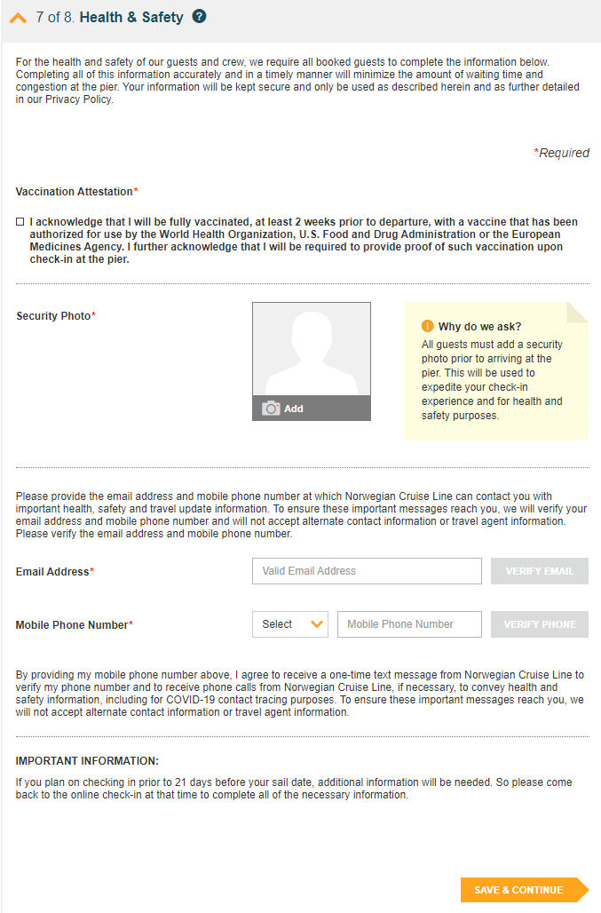 Health And Safety section of online checkin - Norwegian Cruise Line ...