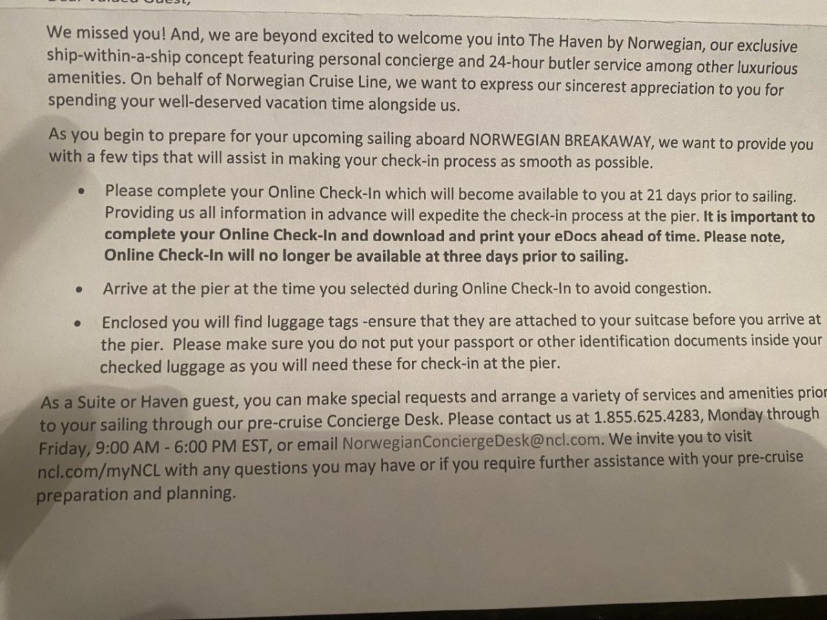 Haven letter - Norwegian Cruise Line - Cruise Critic Community