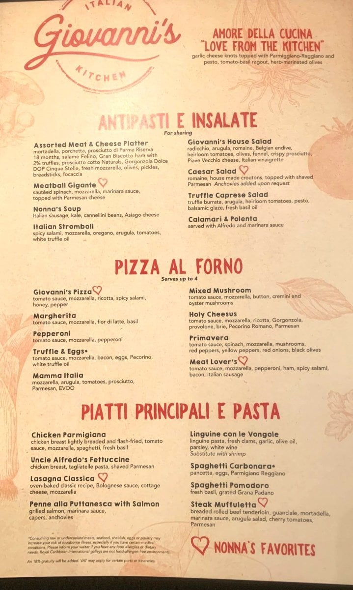 Giovanni's menus - not the same on all ships? - Royal Caribbean ...