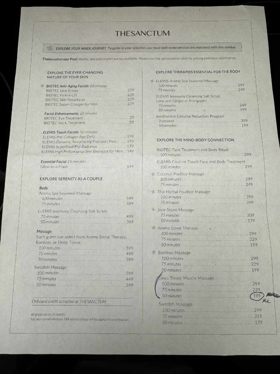 Onward salon and spa service menus - Azamara - Cruise Critic Community