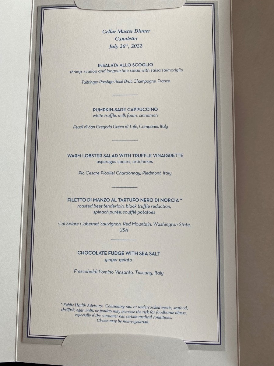 Italian Cellar Master dinner menu - Holland America Line - Cruise ...