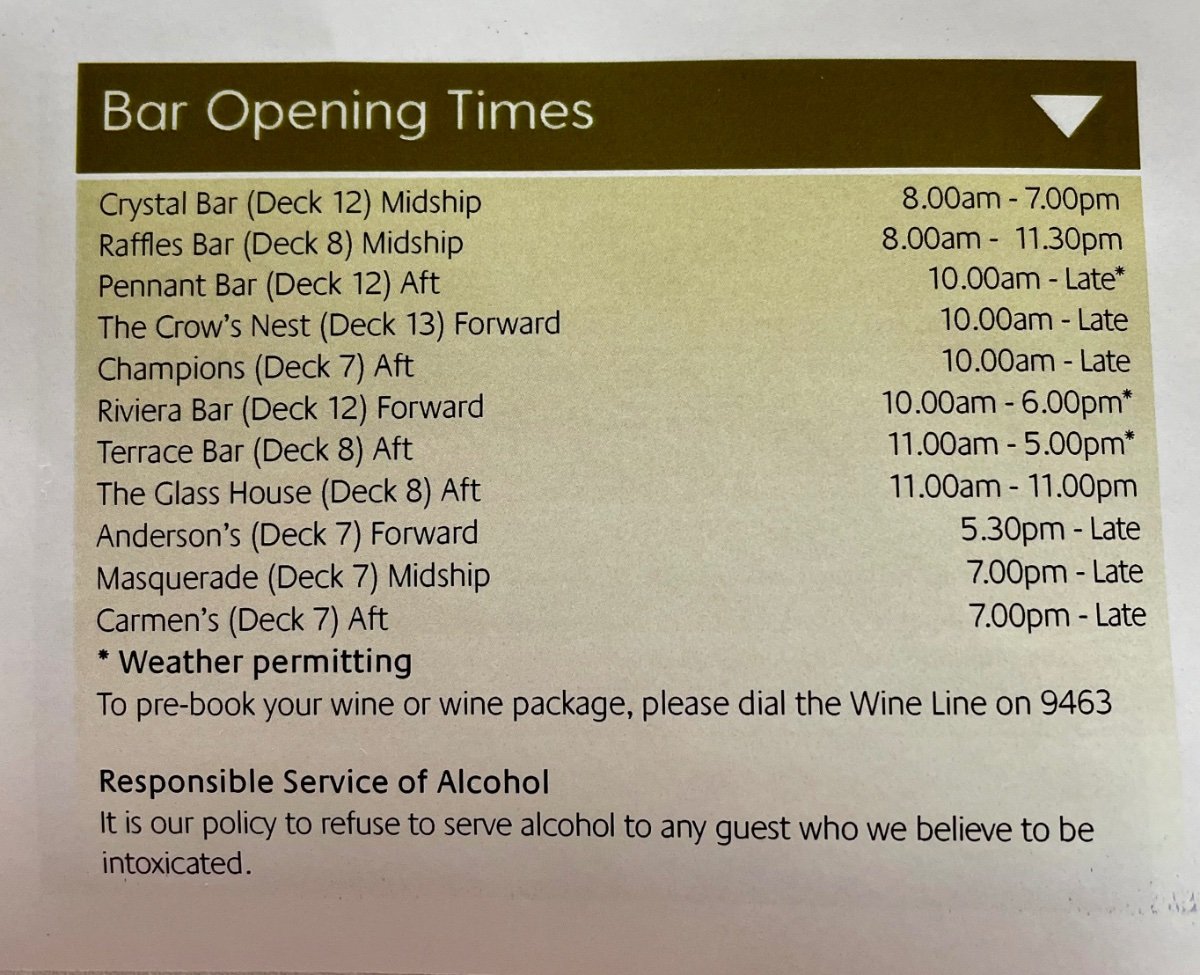 Aurora Bar Opening Times - P&O Cruises ( UK ) - Cruise Critic Community