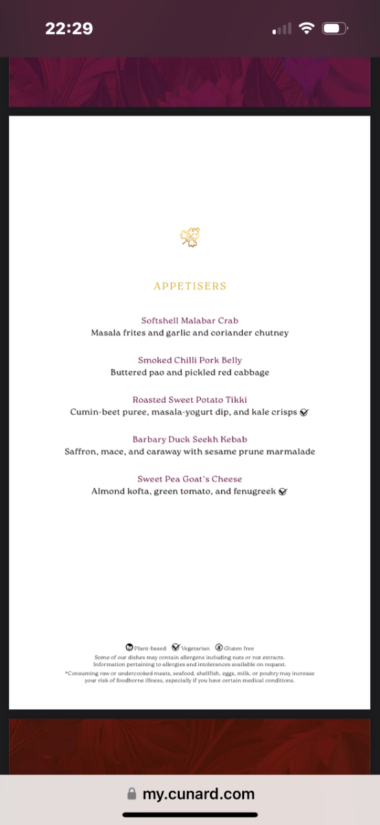 Aranya Sample Menus - Cunard Line - Cruise Critic Community