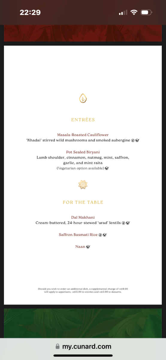 Aranya Sample Menus - Cunard Line - Cruise Critic Community