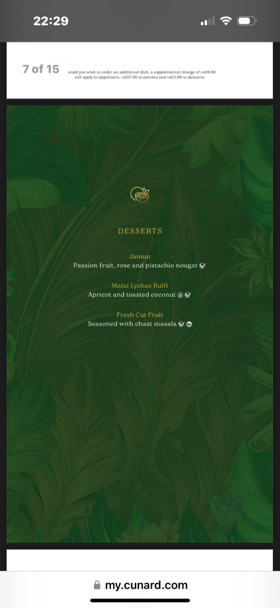 Aranya Sample Menus - Cunard Line - Cruise Critic Community