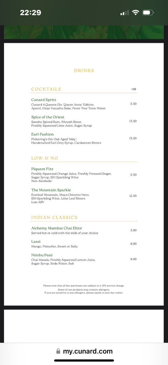 Aranya Sample Menus - Cunard Line - Cruise Critic Community