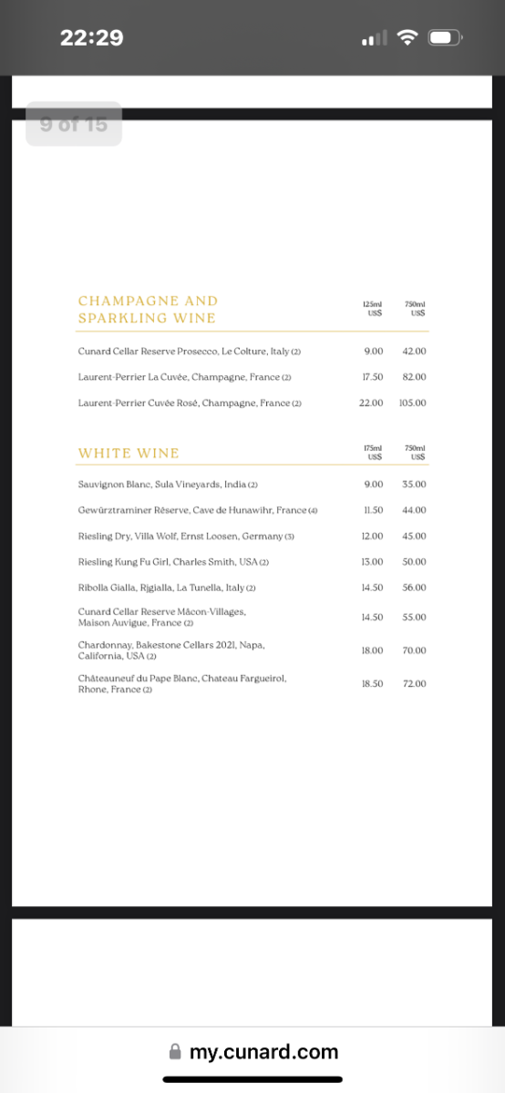 Aranya Sample Menus - Cunard Line - Cruise Critic Community