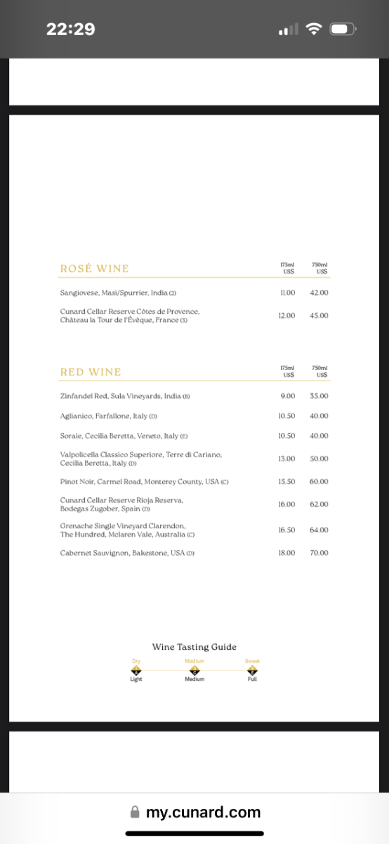 Aranya Sample Menus - Cunard Line - Cruise Critic Community