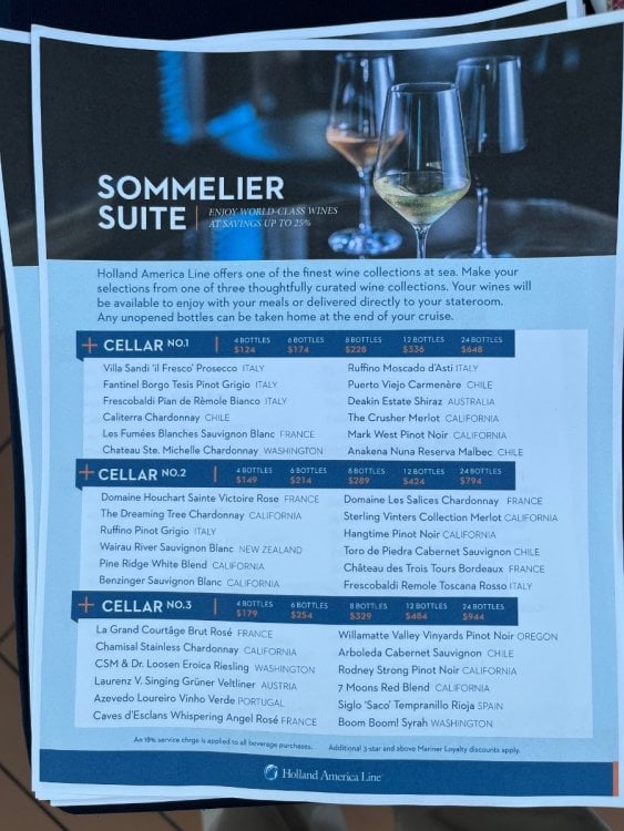New Sommelier Suite / Wine Packages 2025 prices - Holland America Line ...