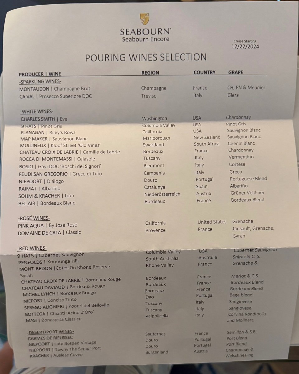 Included Wines 12/22-1/5 - Seabourn Cruise Line - Cruise Critic Community