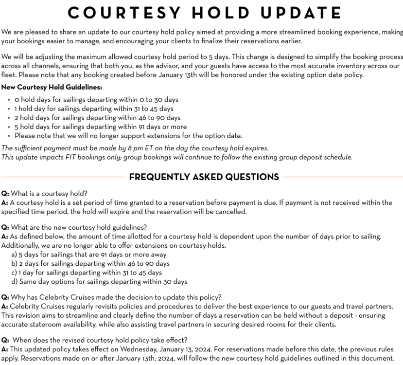 New Courtesy Hold Guidelines - Celebrity Cruises - Cruise Critic Community