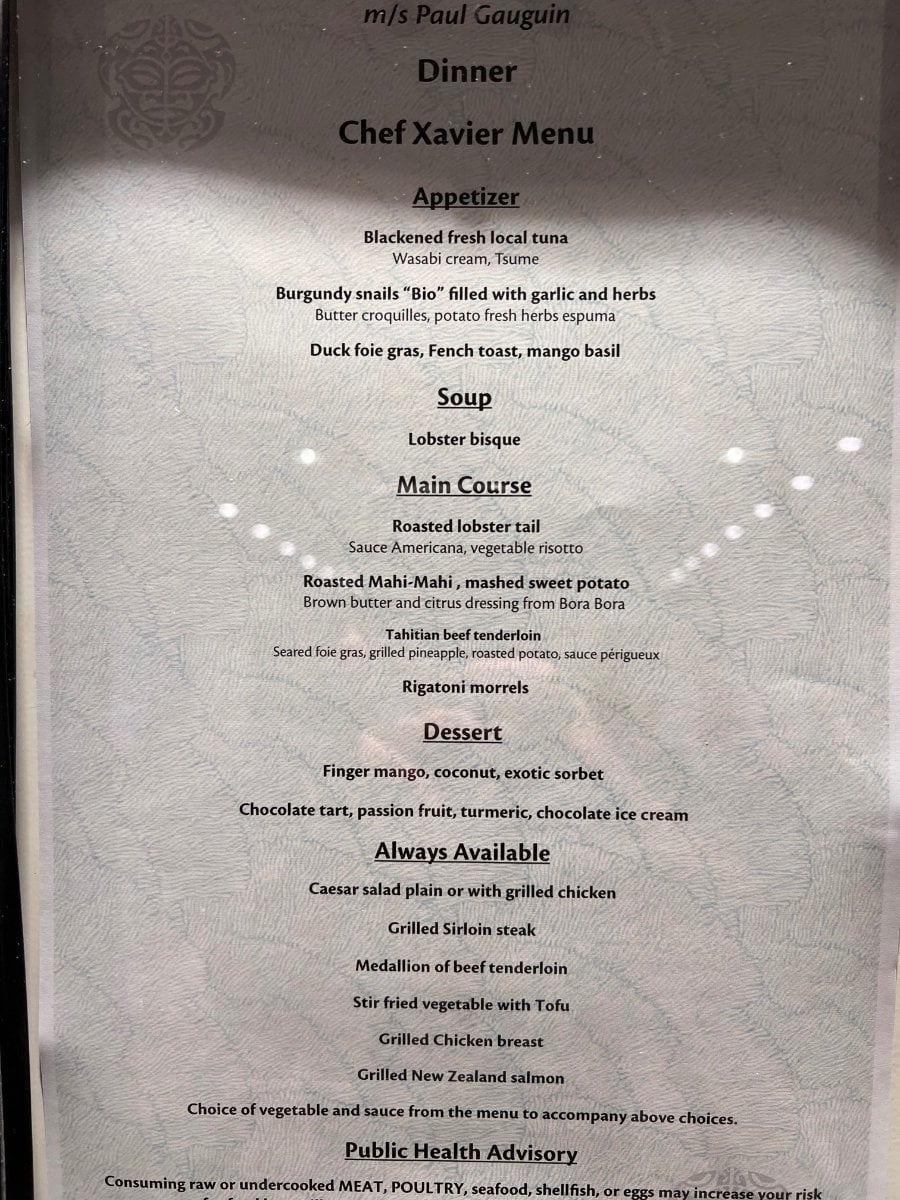 Menus - Paul Gauguin Cruises - Cruise Critic Community