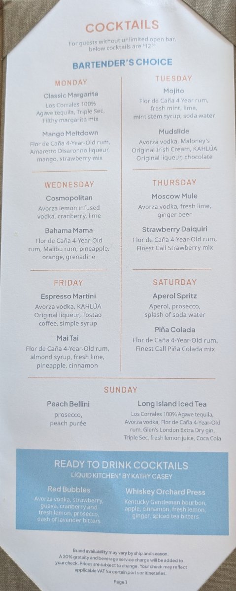 All Fleet Generic Bar Menu from Dec 2024 - Norwegian Cruise Line ...