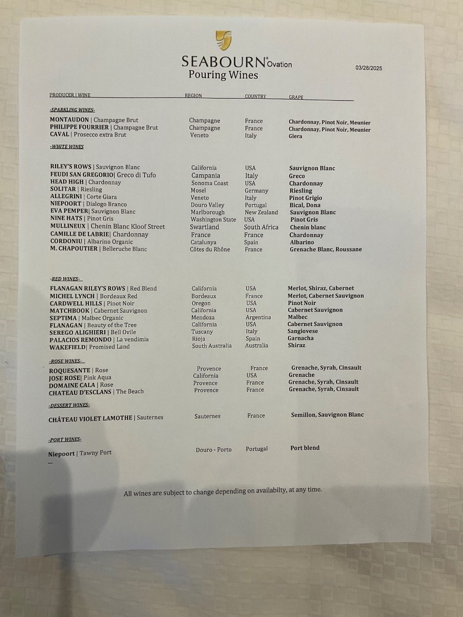 Current list of ‘pouring wines’ on Ovation - Seabourn Cruise Line ...