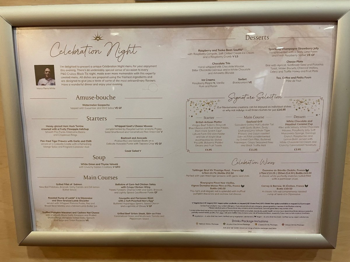 Azura Meridian Restaurant (MDR) dinner menu 11 November 2012 - P&O ...
