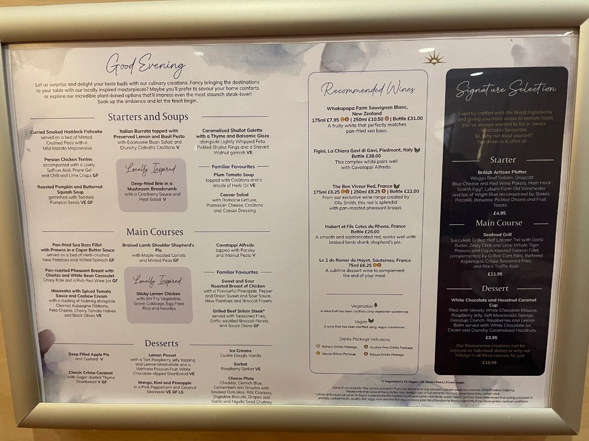 Azura Meridian Restaurant (MDR) dinner menu 11 November 2012 - P&O ...