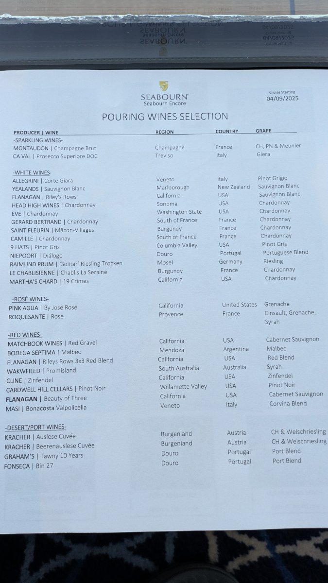 Current list of included complimentary/pouring wines on Encore ...