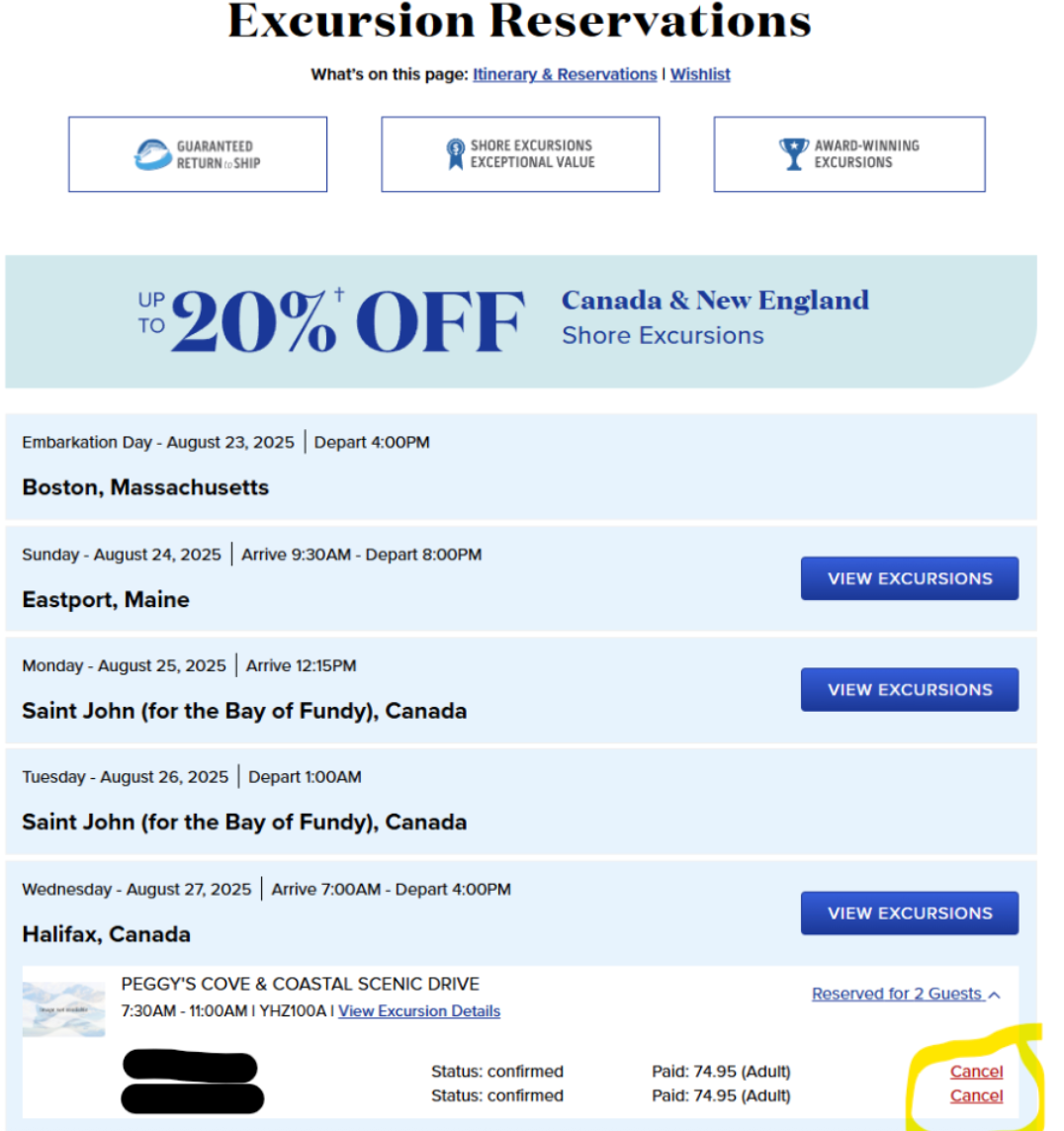 Excursions screen "new" format: how to see "paid" amount - Princess ...