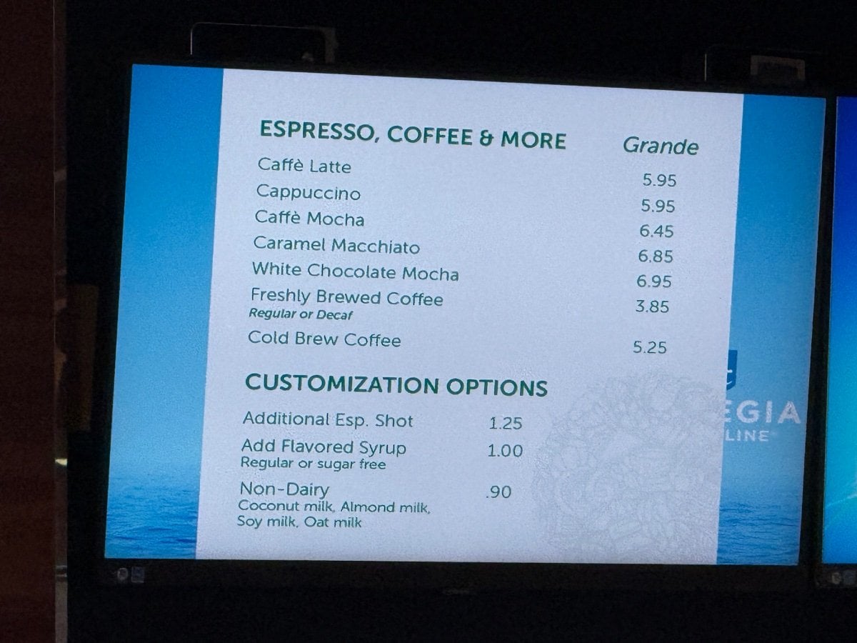 NCL Escape - Starbucks Menu in Atrium - Norwegian Cruise Line - Cruise ...