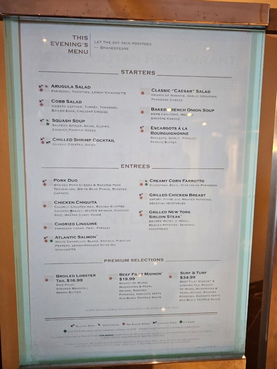 Variety of menus on longer voyages for s-class ships - Celebrity ...