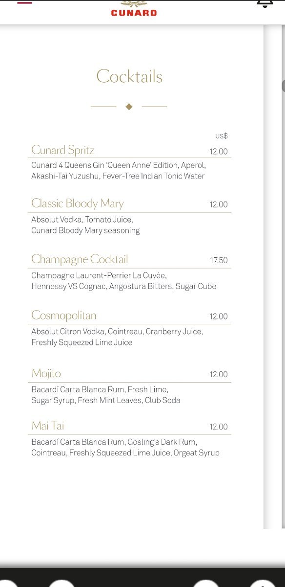 QM2 Drinks Options - Cunard Line - Cruise Critic Community